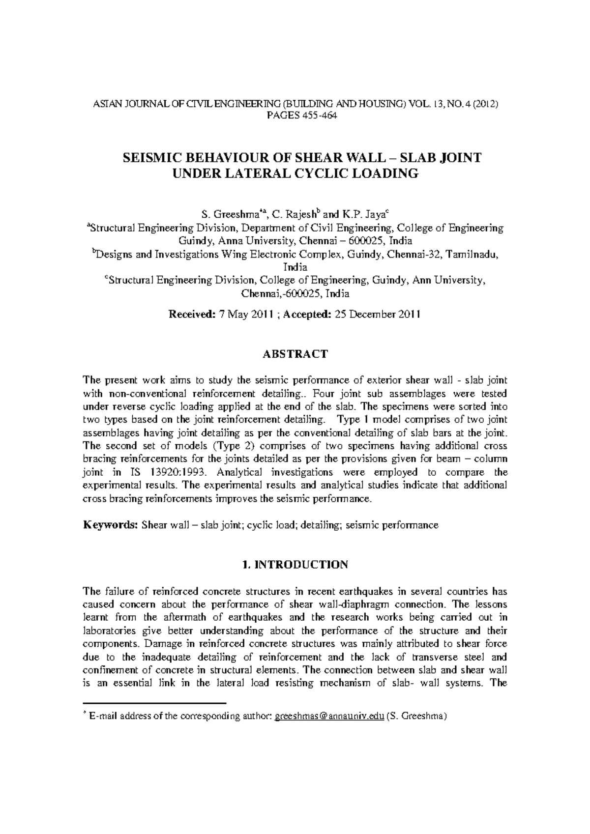 455 - ASIAN JOURNAL OF CIVIL ENGINEERING (BUILDING AND HOUSING) VOL. 13 ...