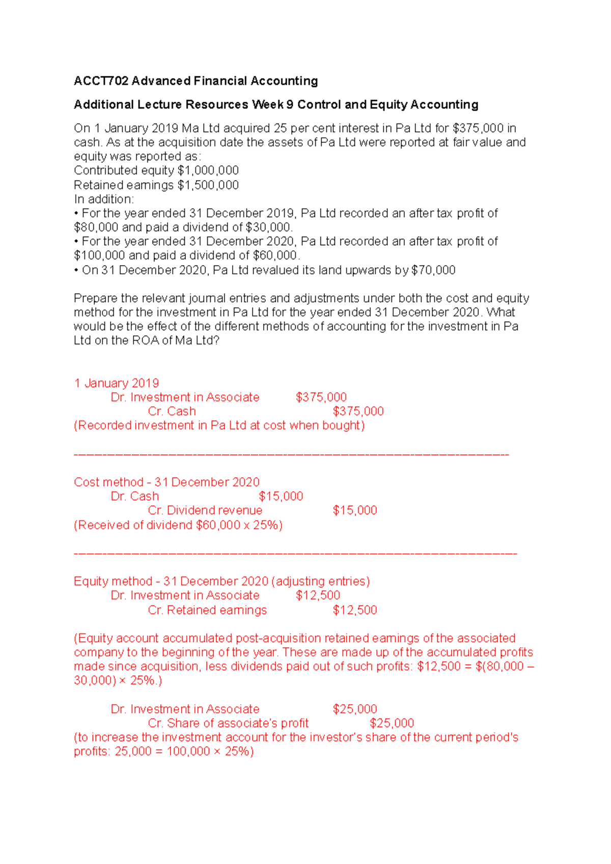 Solutions to Additional lecture exercises aa - ACCT702 Advanced ...