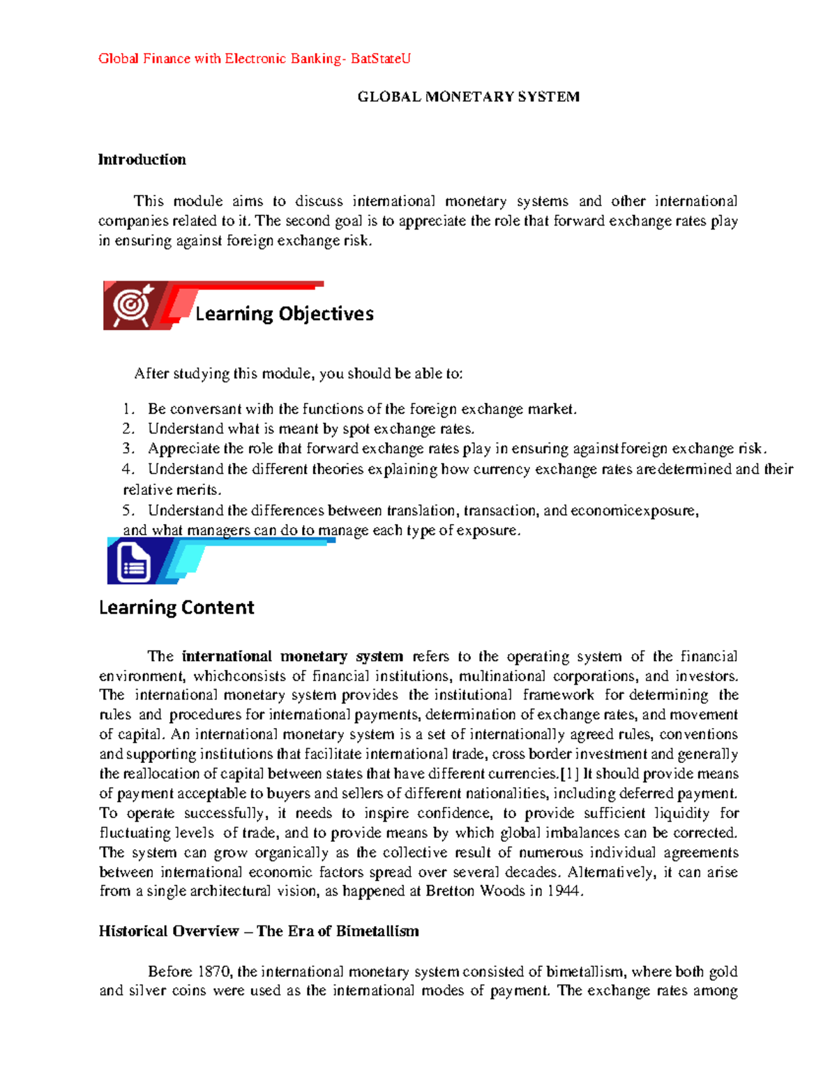 Week 10 to 11 Module - notes in global finance - GLOBAL MONETARY SYSTEM ...