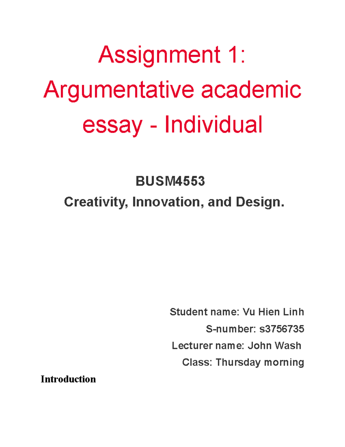 BUSM4553 Creativity, Innovation and Design - assignment 1 - Assignment ...