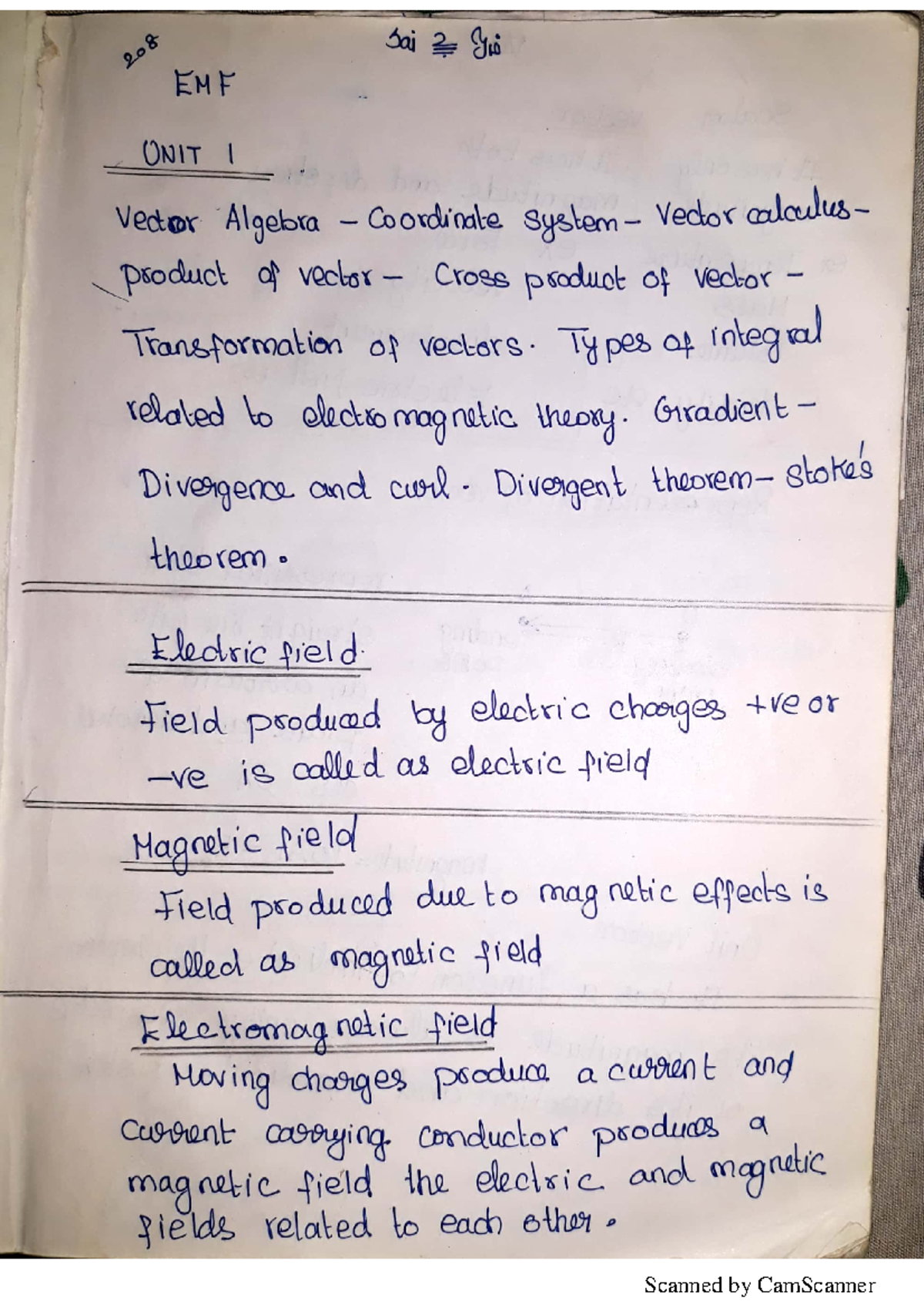 Unit 1 Notes EMF - 208 Sai all EMF UNIT I Vector Algebra Coordinate ...