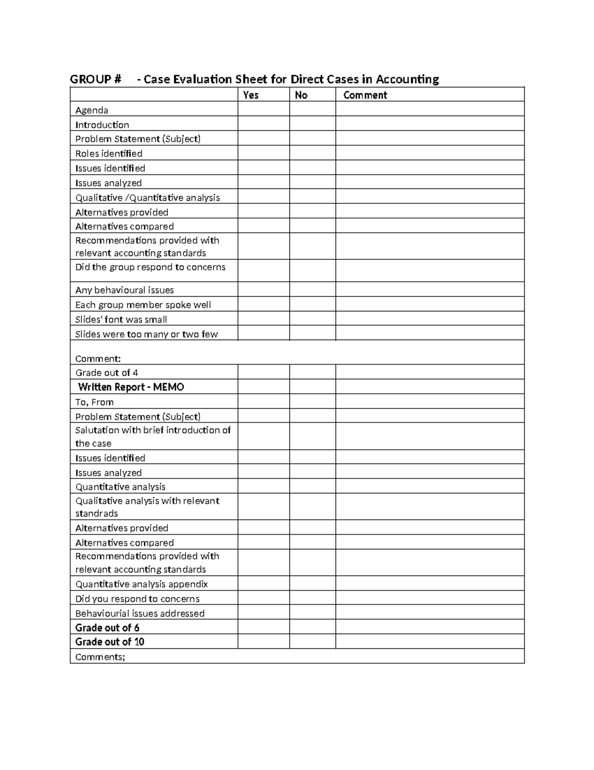 Case Evaluation Sheet for Direct Cases in Accounting template - GROUP ...