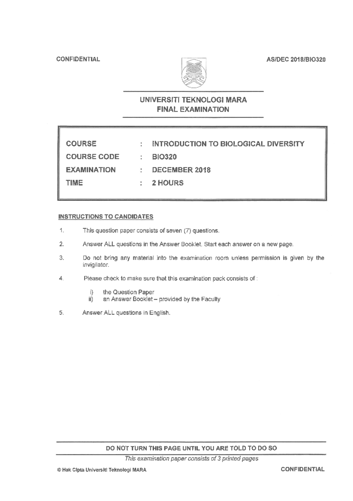 BIO320 - Diploma in science - Studocu