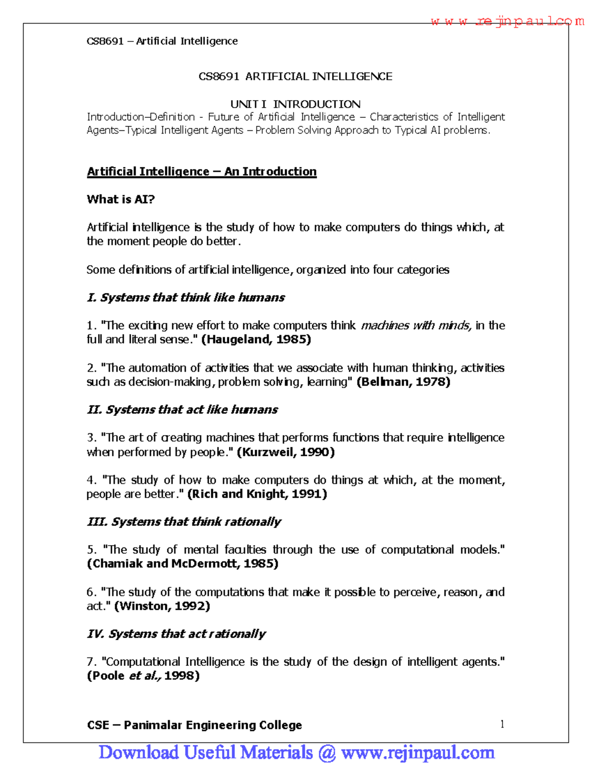 AI UNIT1 Rejinpaul - Anna University - CS8691 – Artificial Intelligence ...