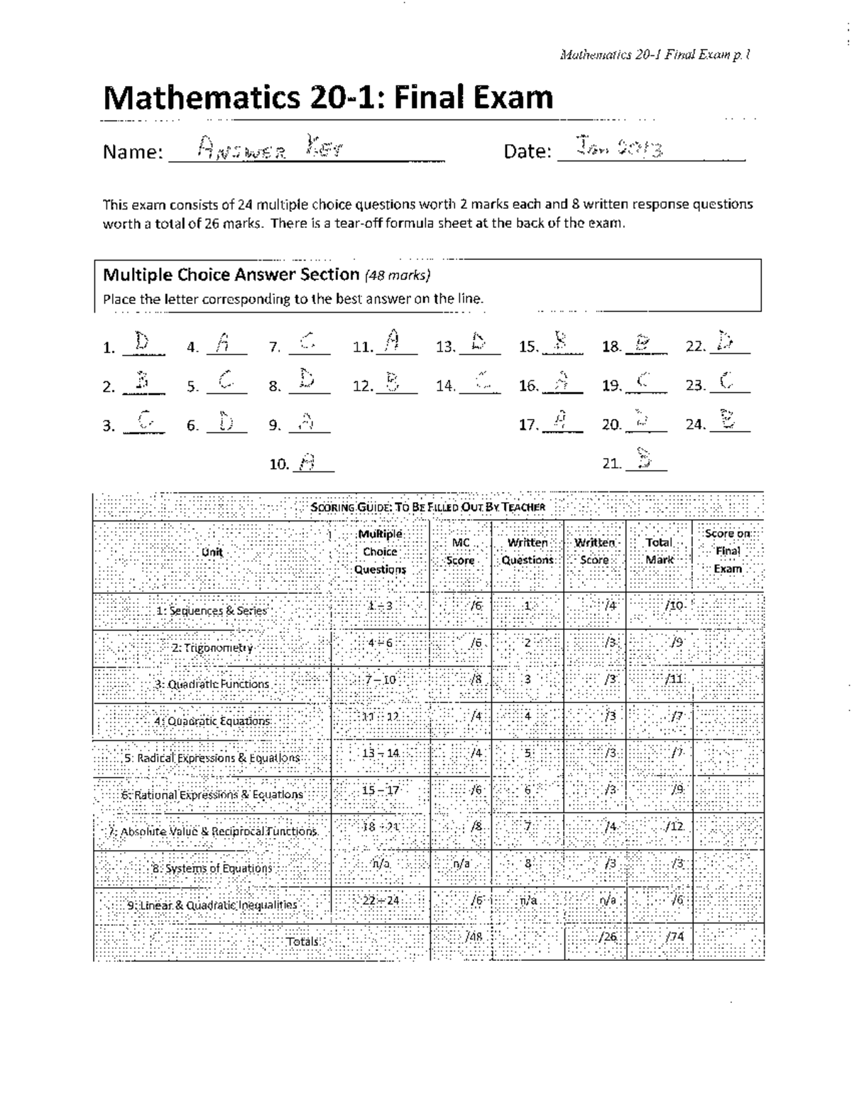 M20-1 Final Exam Practice - Answer Key - Mathematics Final Exam p ...