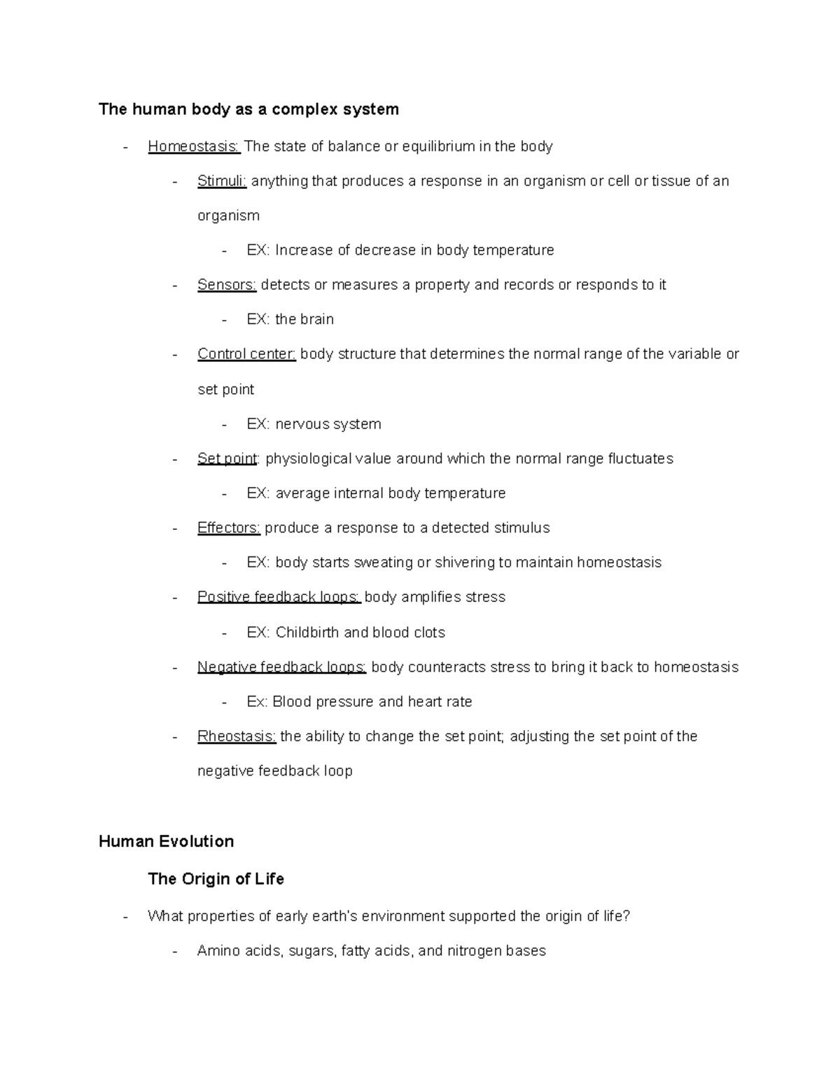 Bio Midterm Study Guide - The human body as a complex system ...