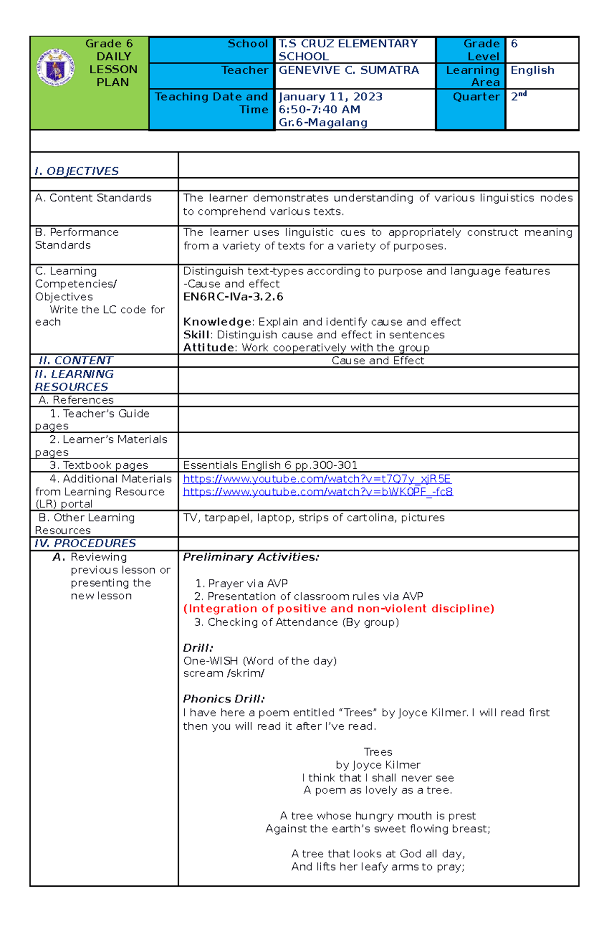 DLP-Cause and Effect - Lesson plan in English - Grade 6 DAILY LESSON ...