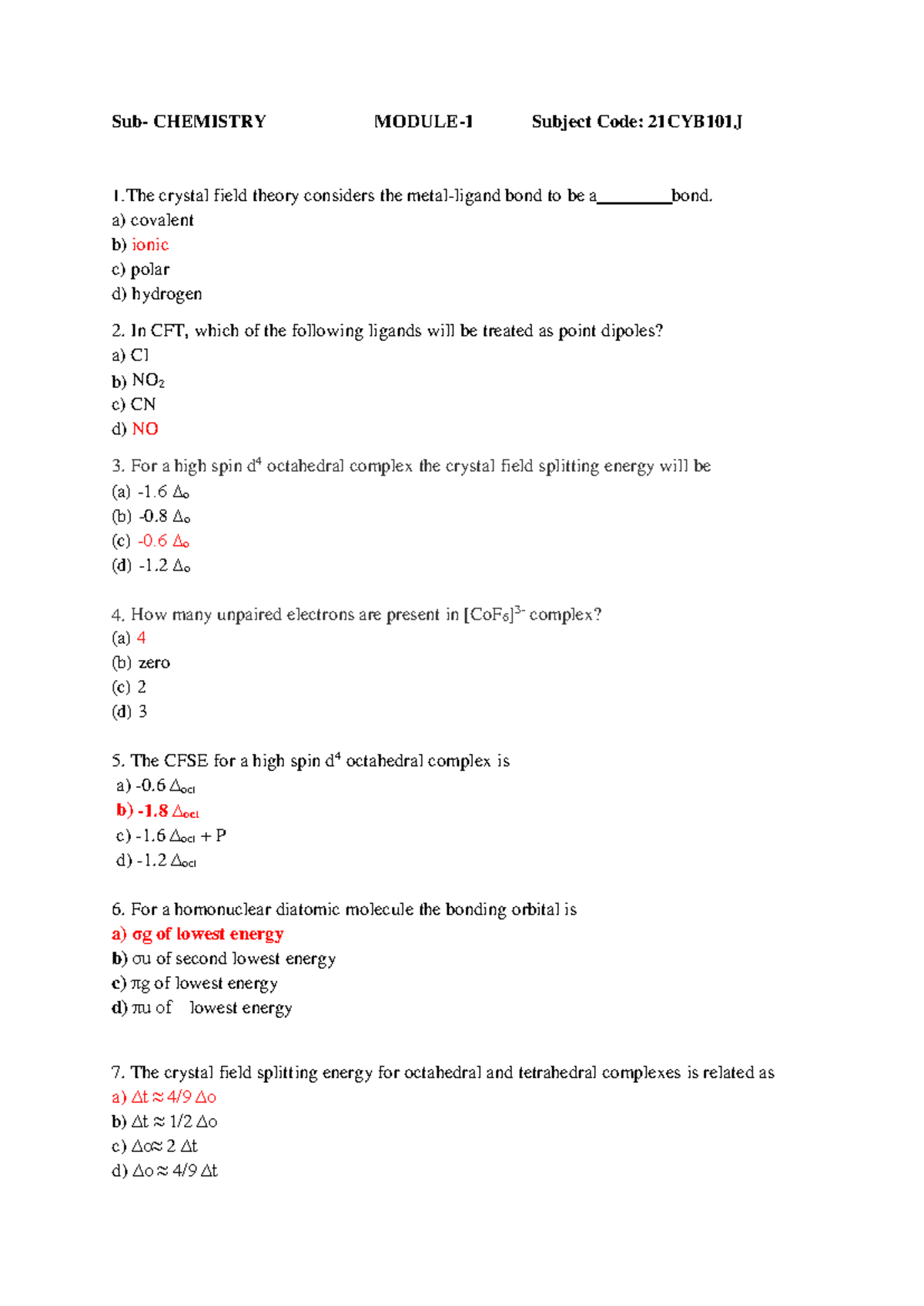 Module-1-MCQ - Sub- CHEMISTRY MODULE- 1 Subject Code: 21 CYB101J The ...