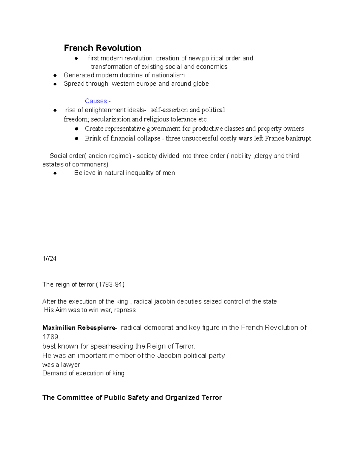 HIS notes - French Revolution first modern revolution, creation of new ...