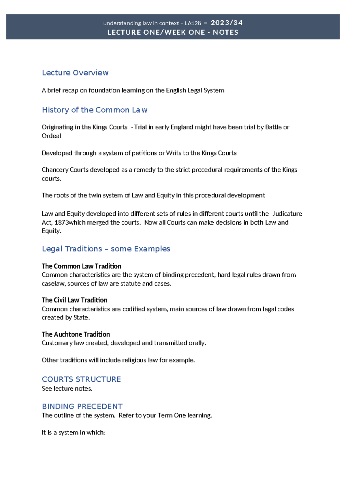 LA128 Understanding Law in Context - Lecture notes - LECTURE ONE/WEEK ...