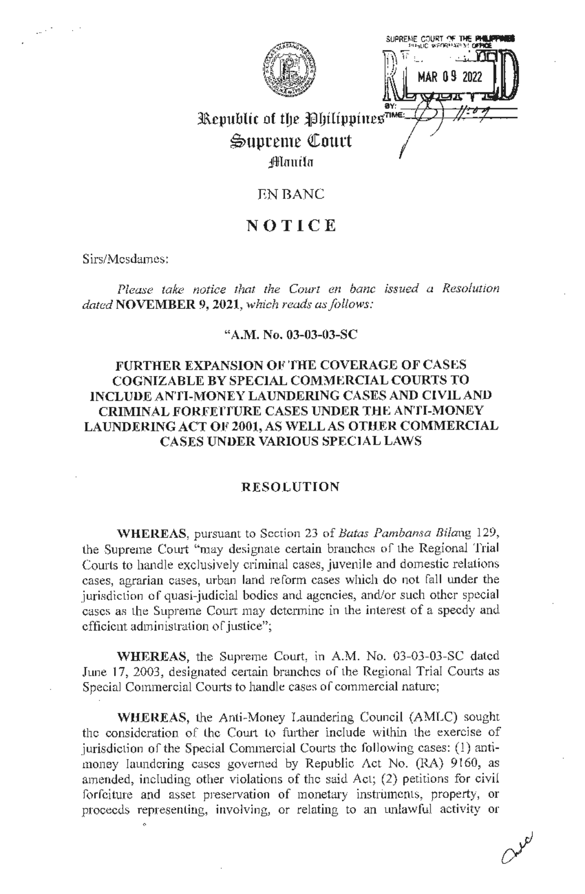 03 03 03 SC - Administration of Office. - Sirs/Mesdames: BY: -+-,ll ...