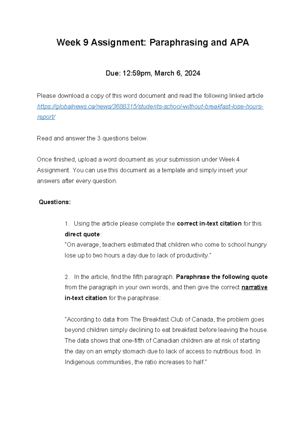 Assignment-APA - Good assignment - Week 9 Assignment: Paraphrasing and APA Due: 12:59pm, March 6 ...