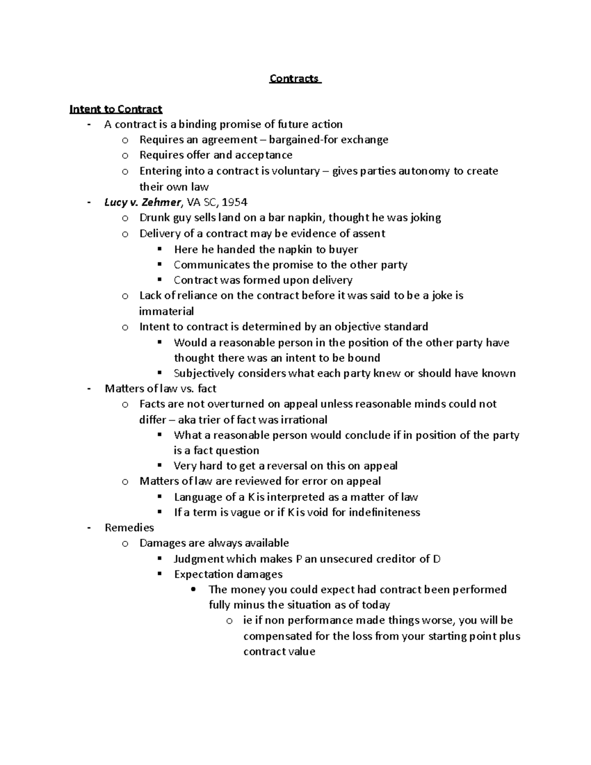 Contracts Law Outline - 3 - Contracts Intent to Contract - A contract ...