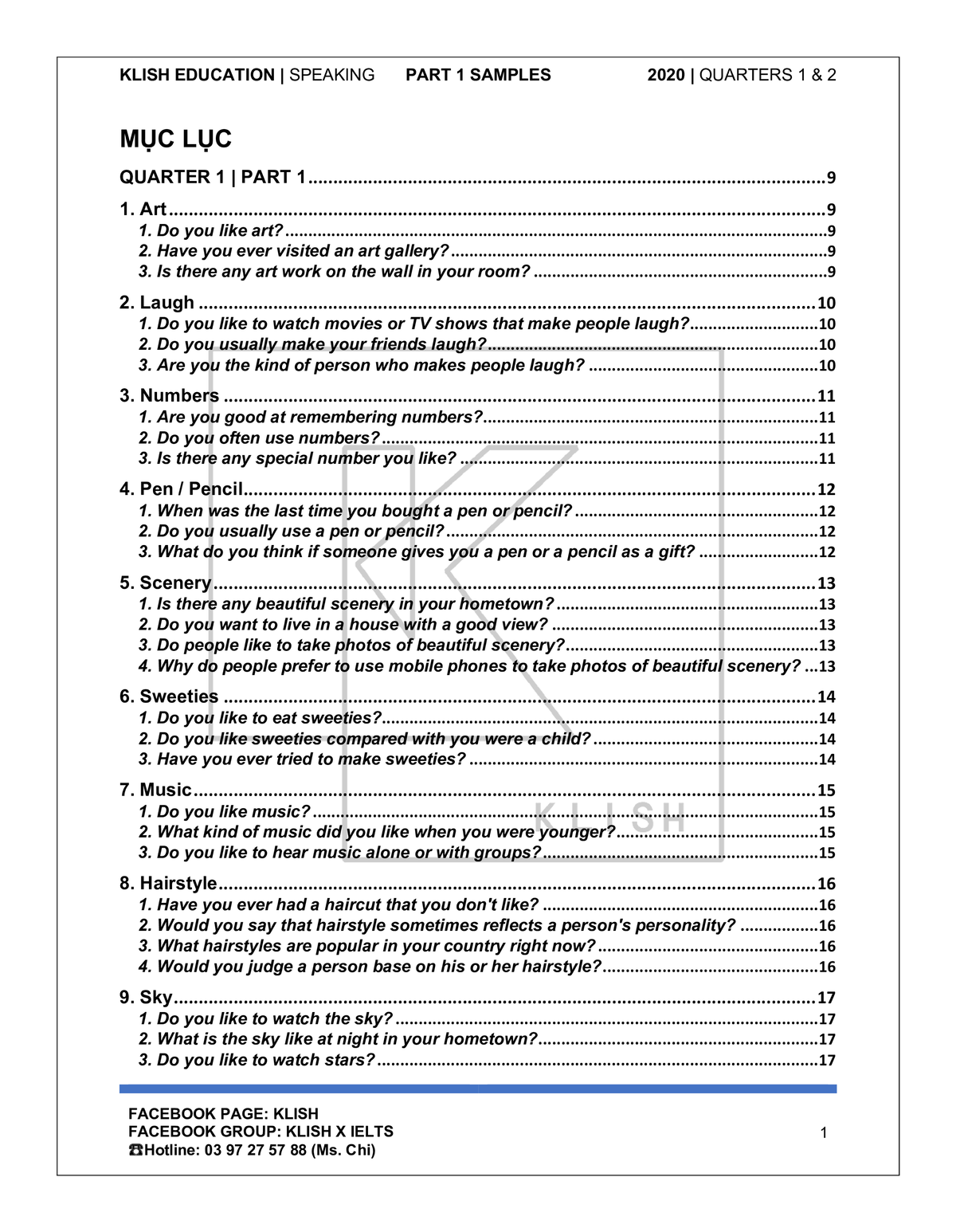 [Klish] Speaking Part 1 Sample Answers - Ielts - Studocu