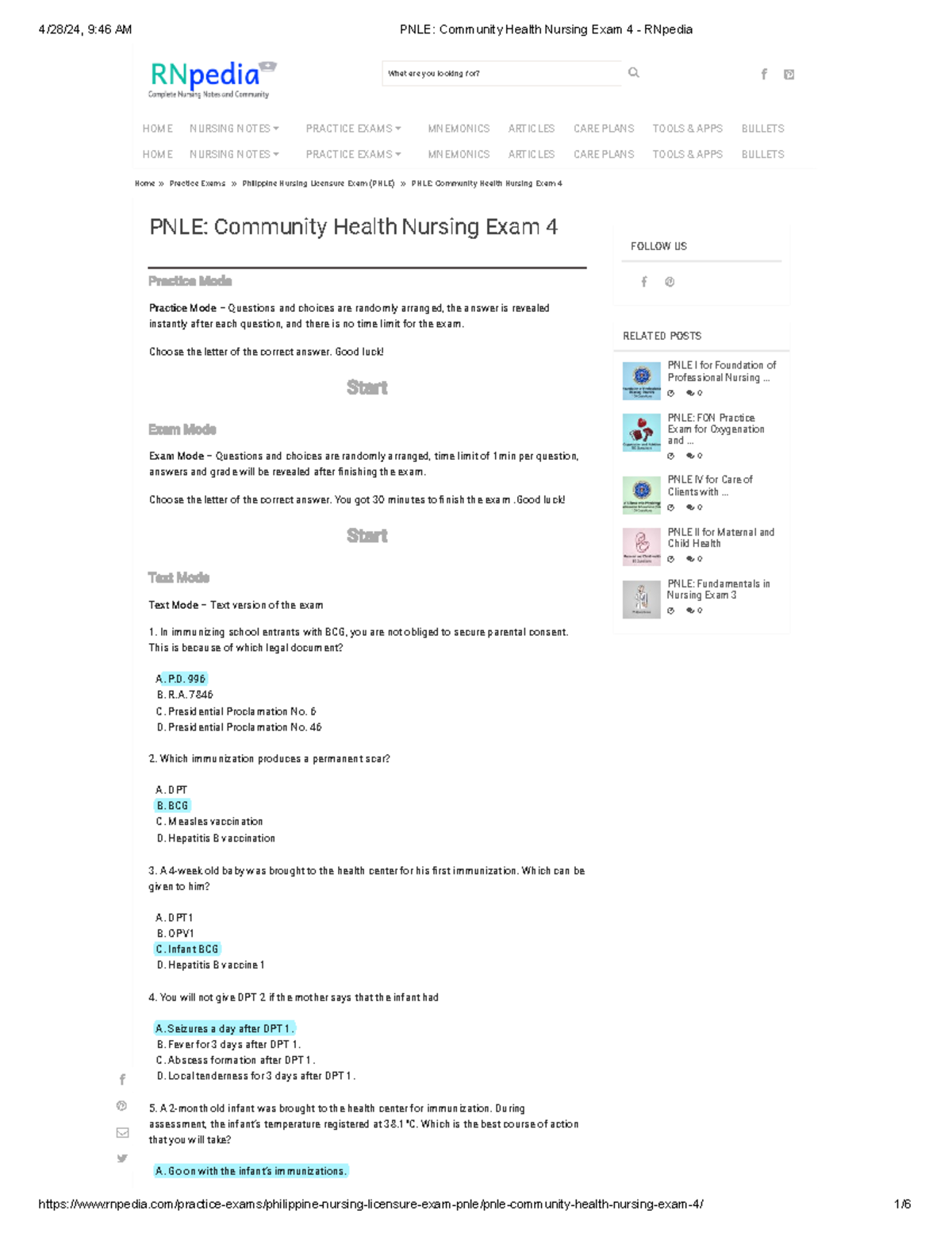 PNLE Community Health Nursing Exam 4 - RNpedia - Home Practice Exams ...