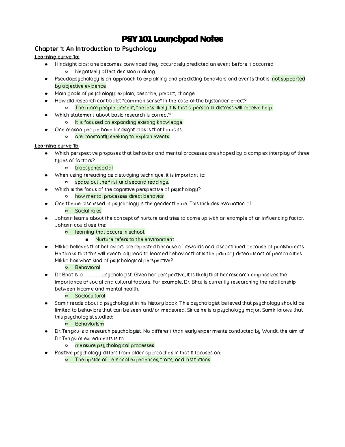 PSY 101 Launchpad Notes - PSY 101 Launchpad Notes Chapter 1: An ...