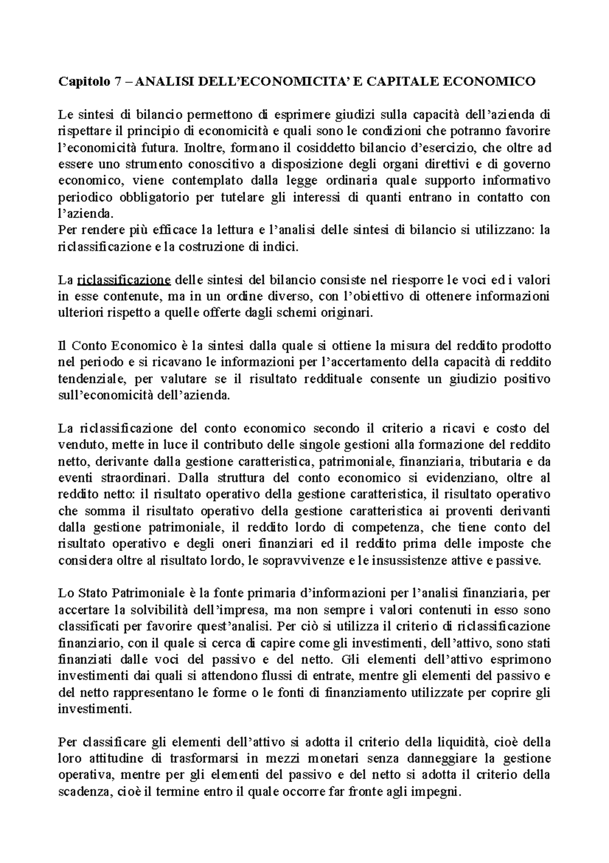Capitolo 7 – Analisi DELL’ Economicita’ E Capitale Economico - Capitolo ...