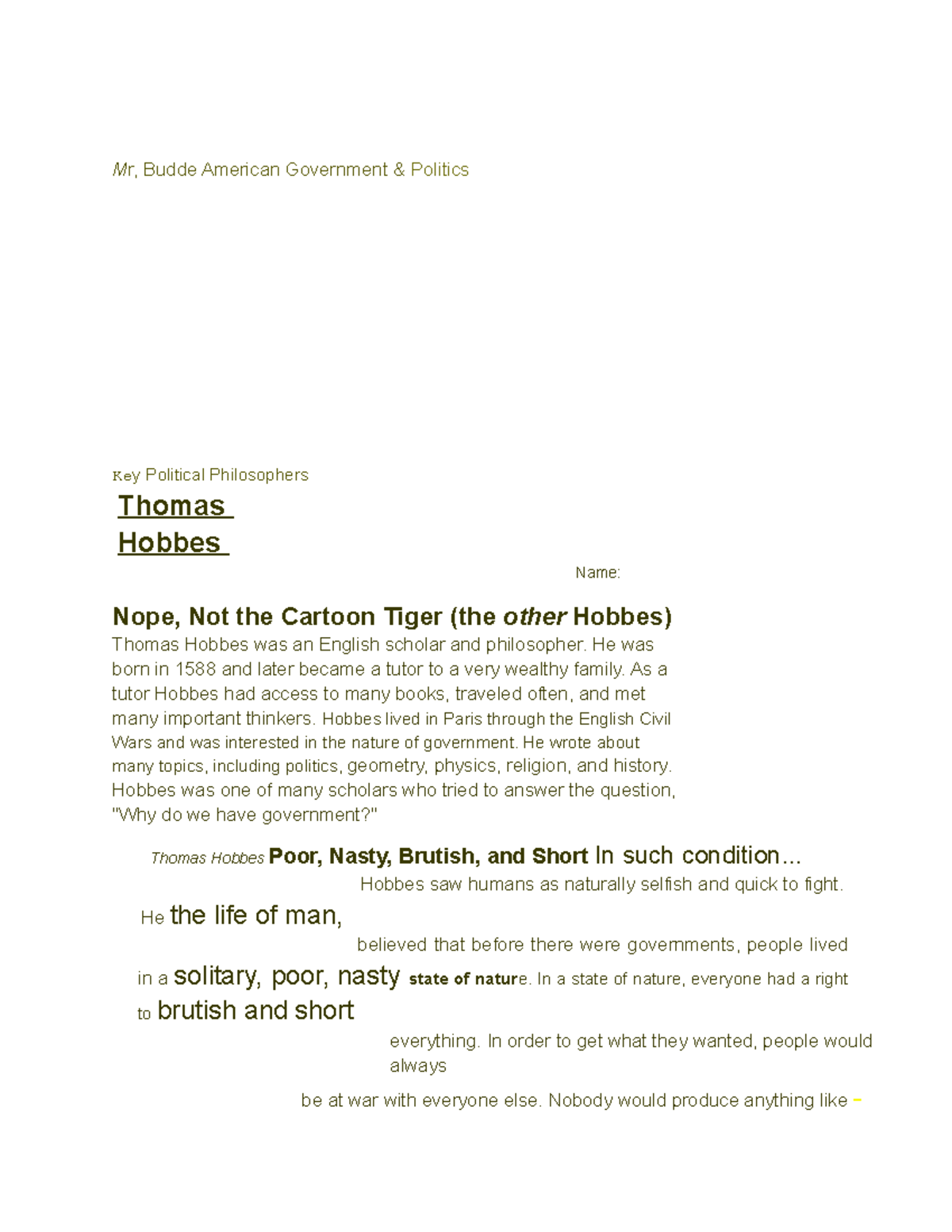 CP Gov Key Political Philosophers - Mr, Budde American Government ...