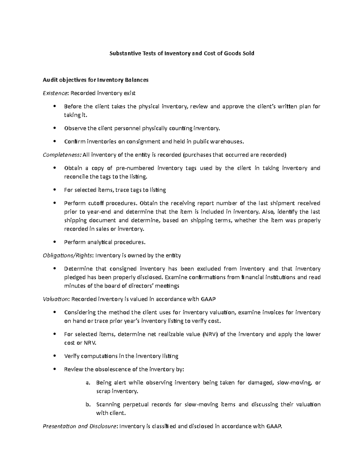 Lecture Notes On Substantive Tests Of Inventory And Cogs Substantive Tests Of Inventory And