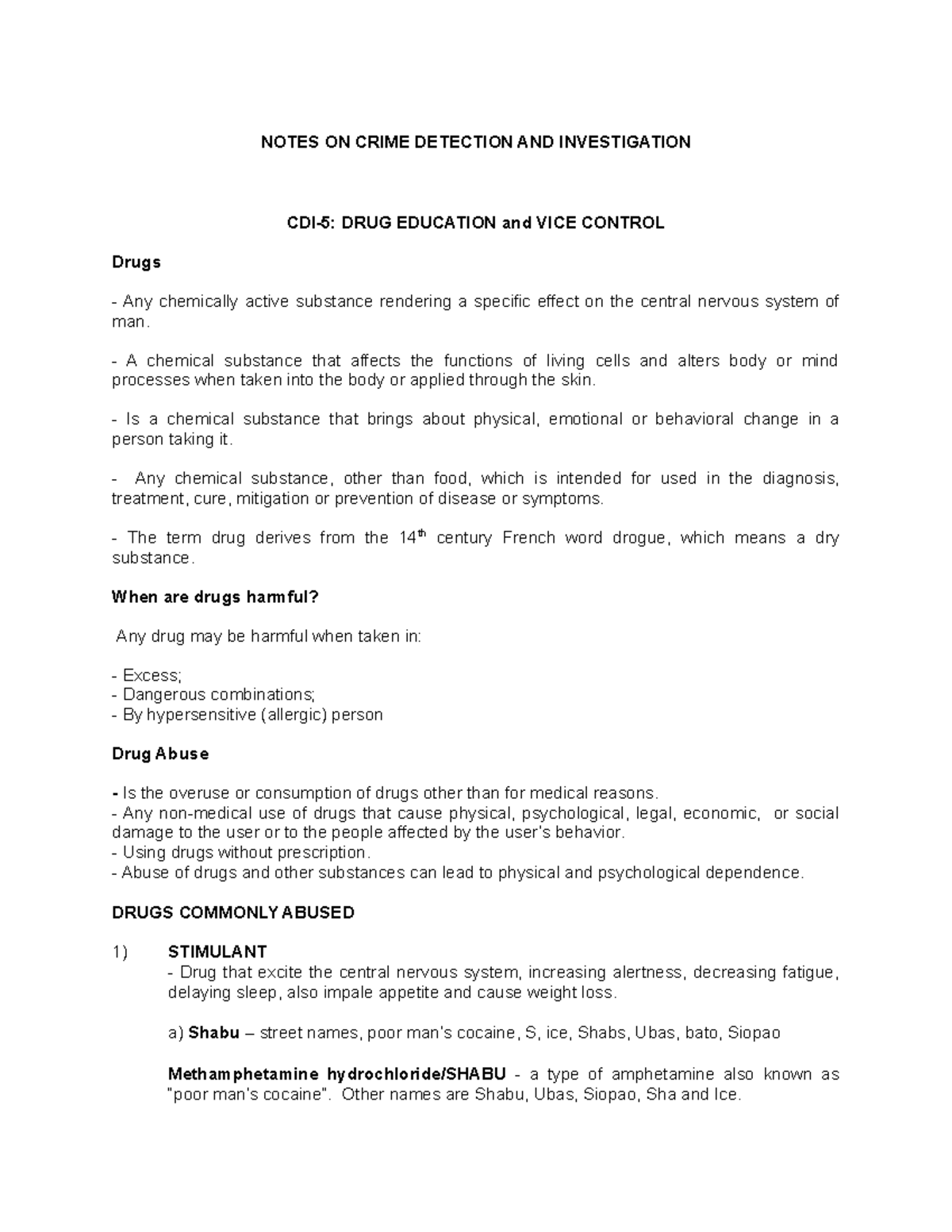 (CDI 5) DRUG Education and VICE Control - NOTES ON CRIME DETECTION AND ...