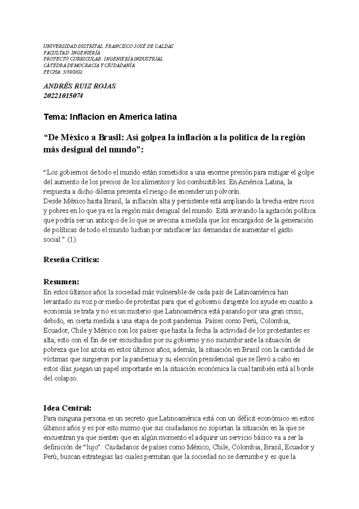 Reseña critica - asdasdasdas - UNIVERSIDAD DISTRITAL FRANCISCO JOSÉ DE ...