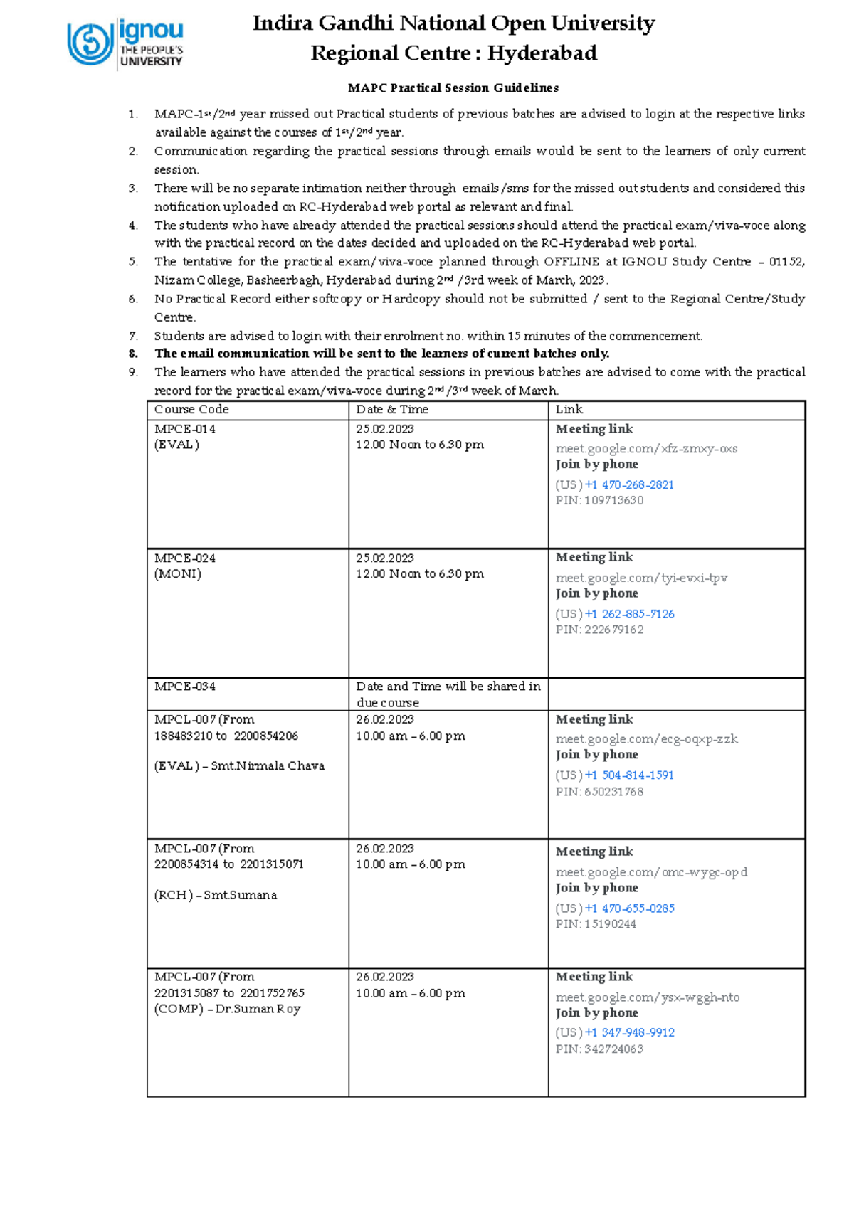 MAPC Practical Instructions - Indira Gandhi National Open University Regional Centre : Hyderabad ...