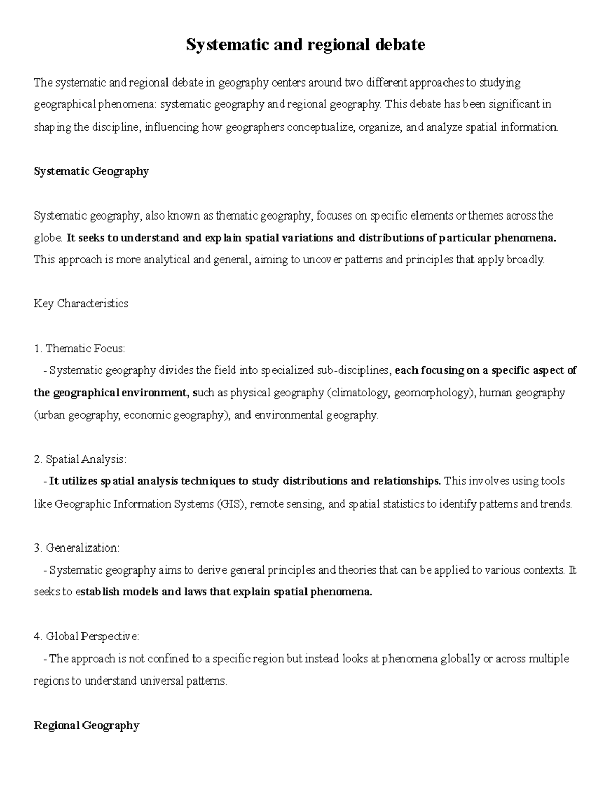 Systematic and regional geography - Systematic and regional debate The ...