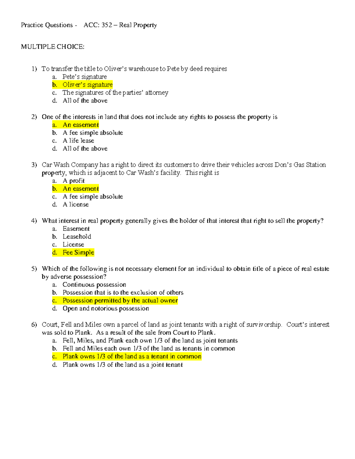Practice Questions - Real Property Answers - Practice Questions - ACC: 352 – Real Property ...