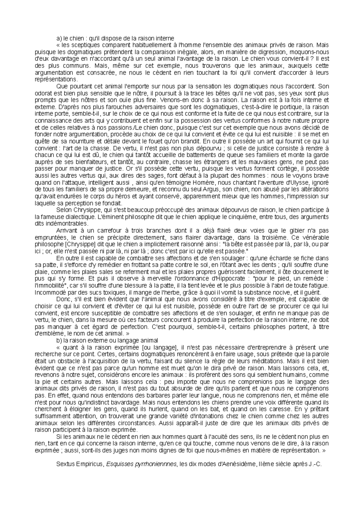 Animalité et langage, textes - a) le chien : qu'il dispose de la raison ...