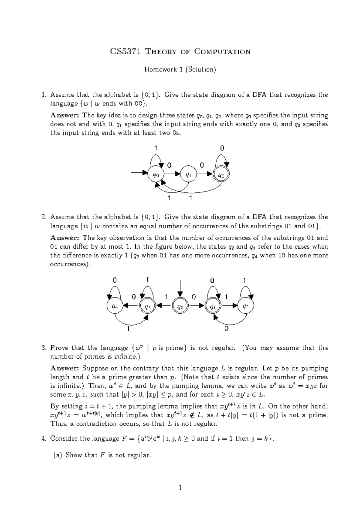 Assign 1 ans theory of computation - CS5371 Theory of Computation Homework 1 (Solution) Assume ...