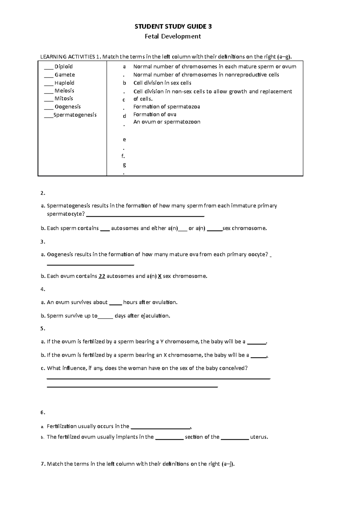 SSG 3 - Fetal Development - STUDENT STUDY GUIDE 3 Fetal Development ...