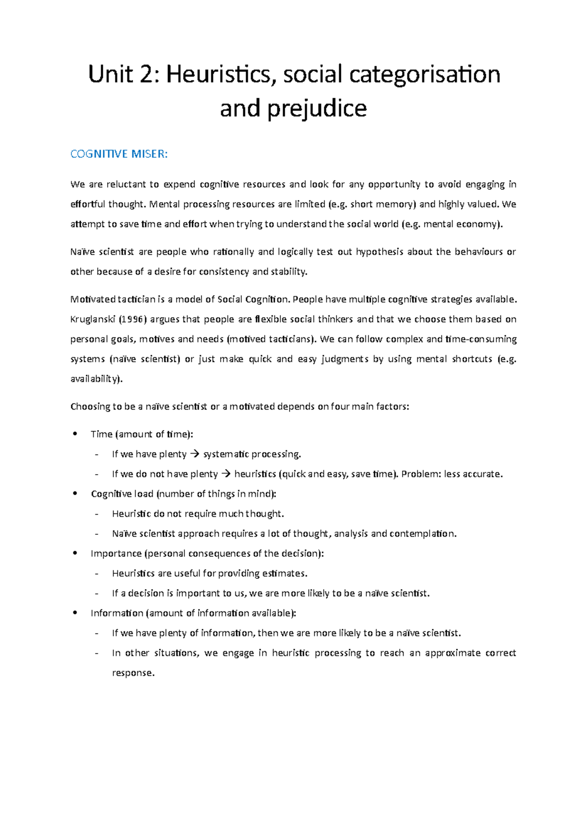 Unit 2 - Social Psychology - Unit 2: Heuristics, social categorisation ...