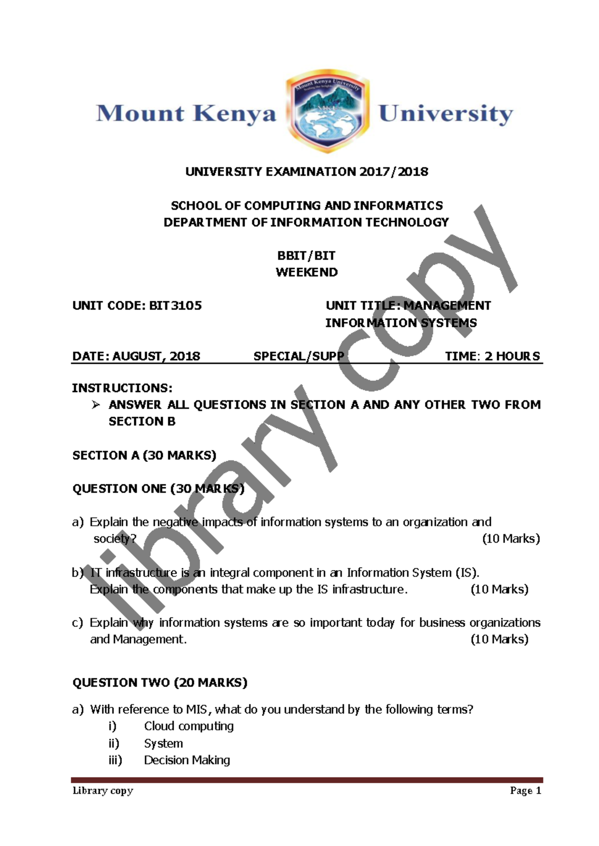 BIT3105 Management Information Systems Weekend SUPP - Library copy Page ...