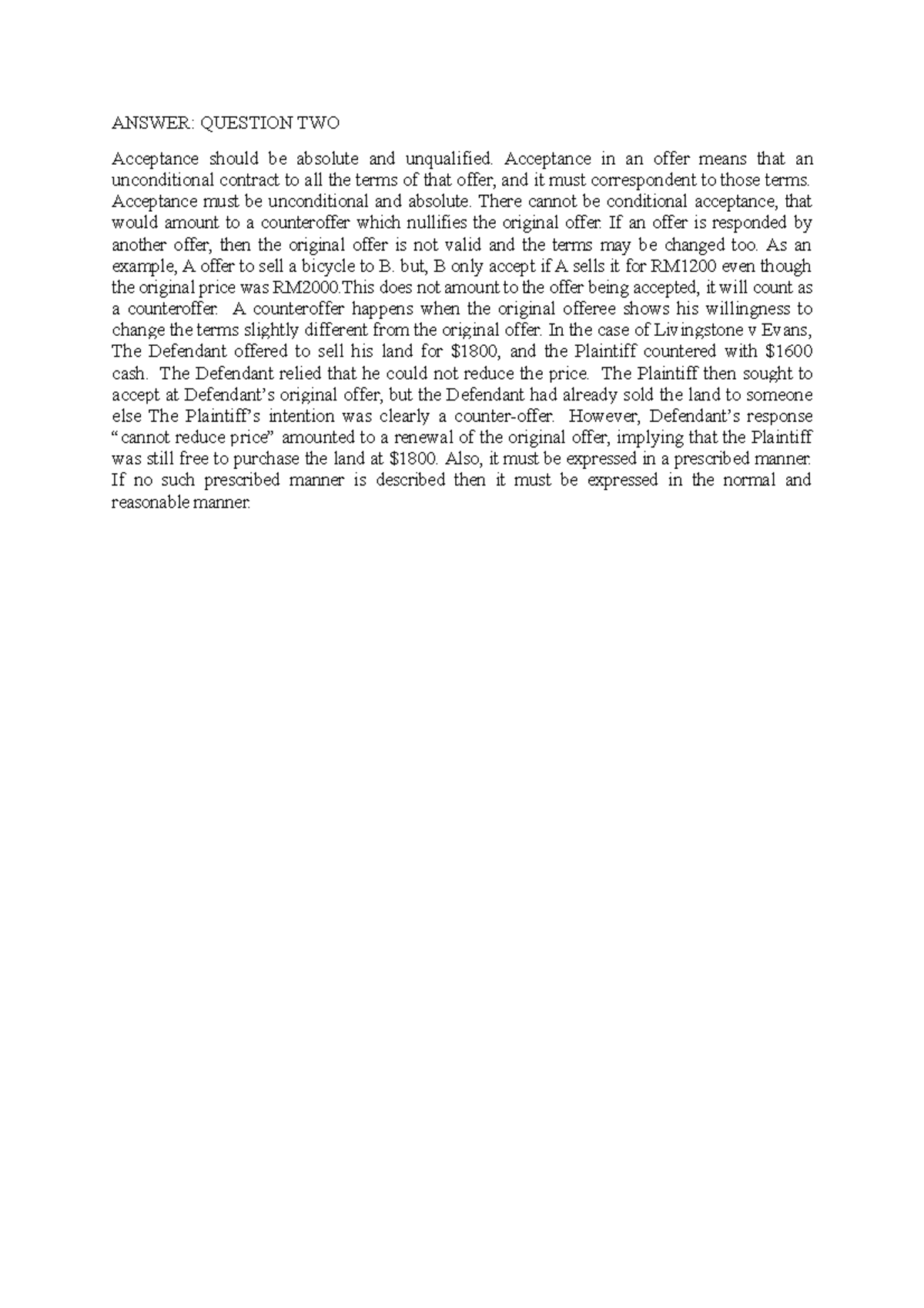 Answer Question - ANSWER: QUESTION TWO Acceptance should be absolute ...