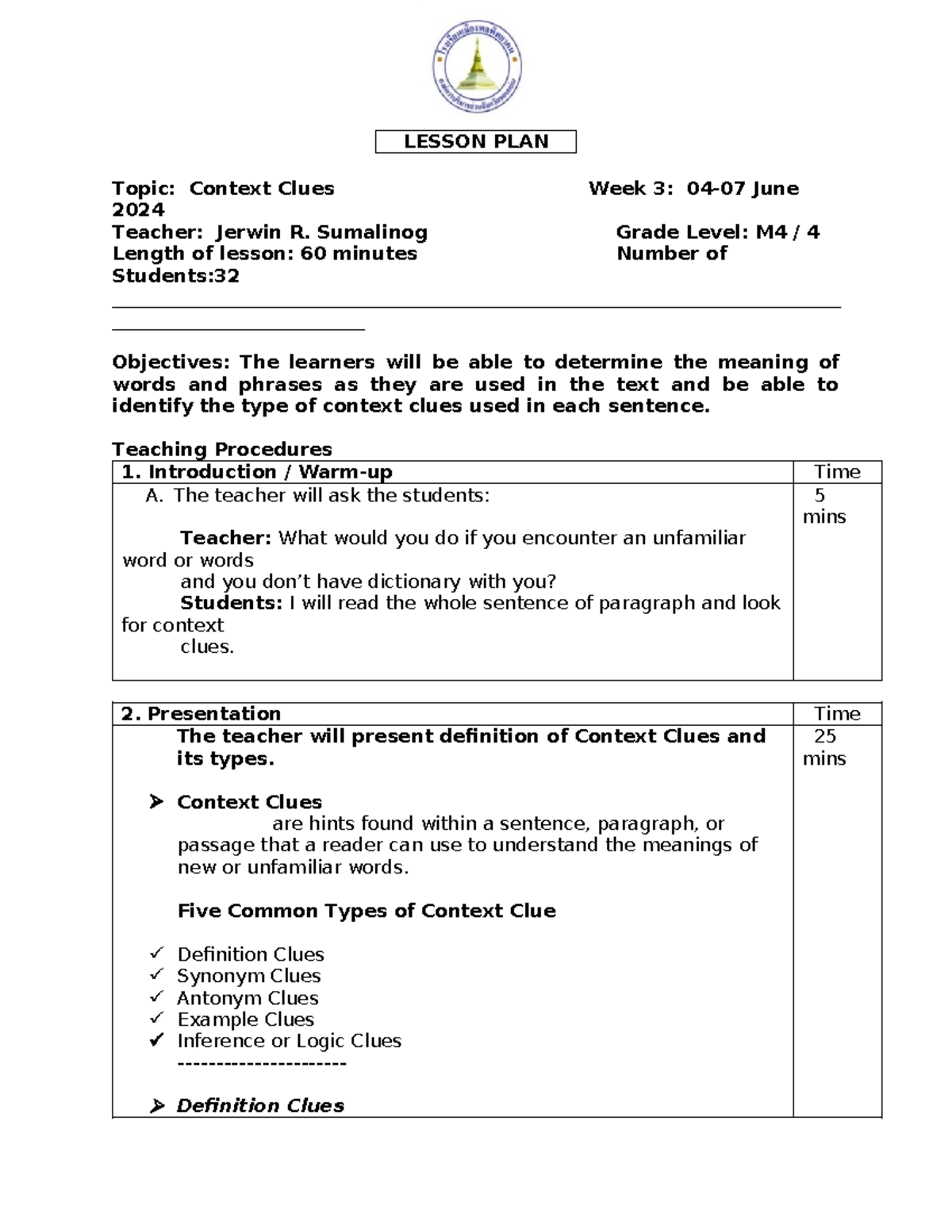 Lesson PLAN - Context Clues - Topic: Context Clues Week 3: 04-07 June ...