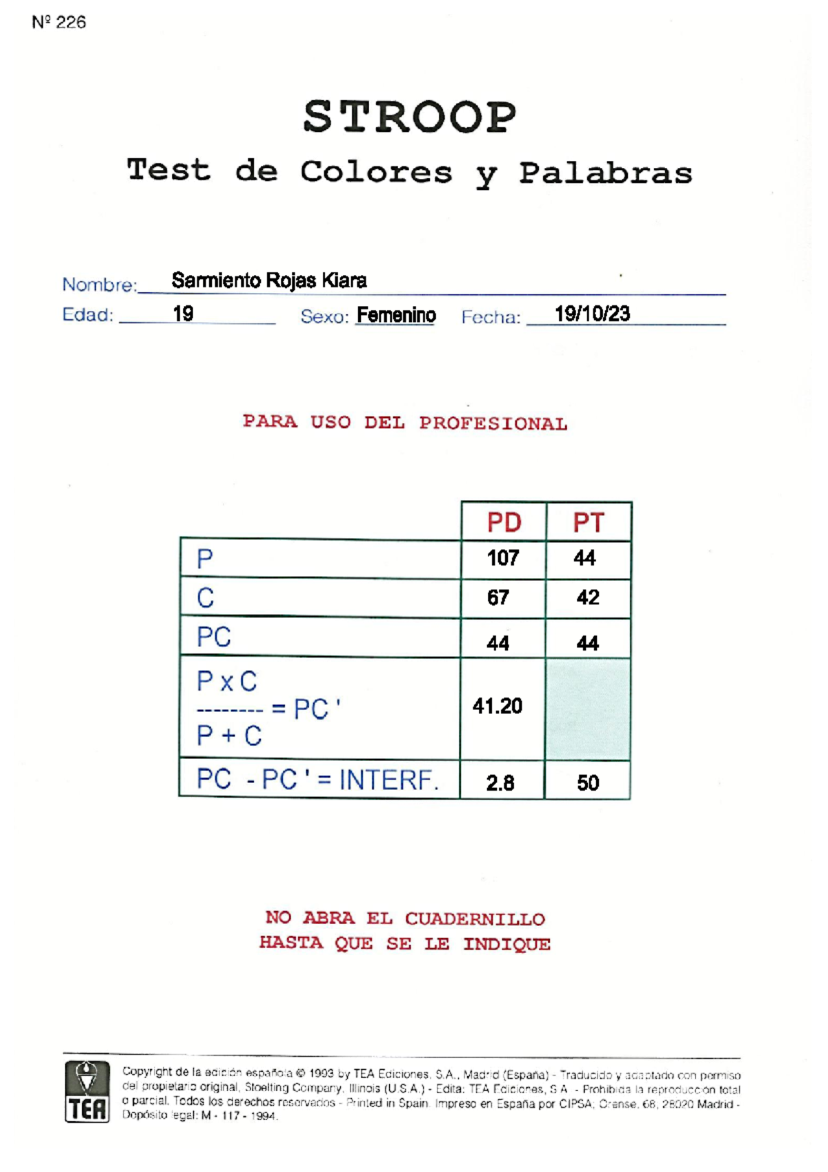 TES DE Stroop A Colores - dfsetw456tq - Psicofisiología - Studocu