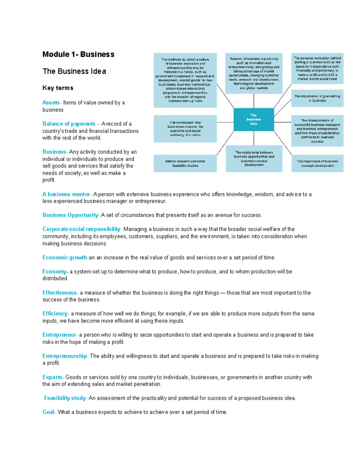 Module 1 - Module 1- Business The Business Idea Key terms Assets- Items of value owned by a ...