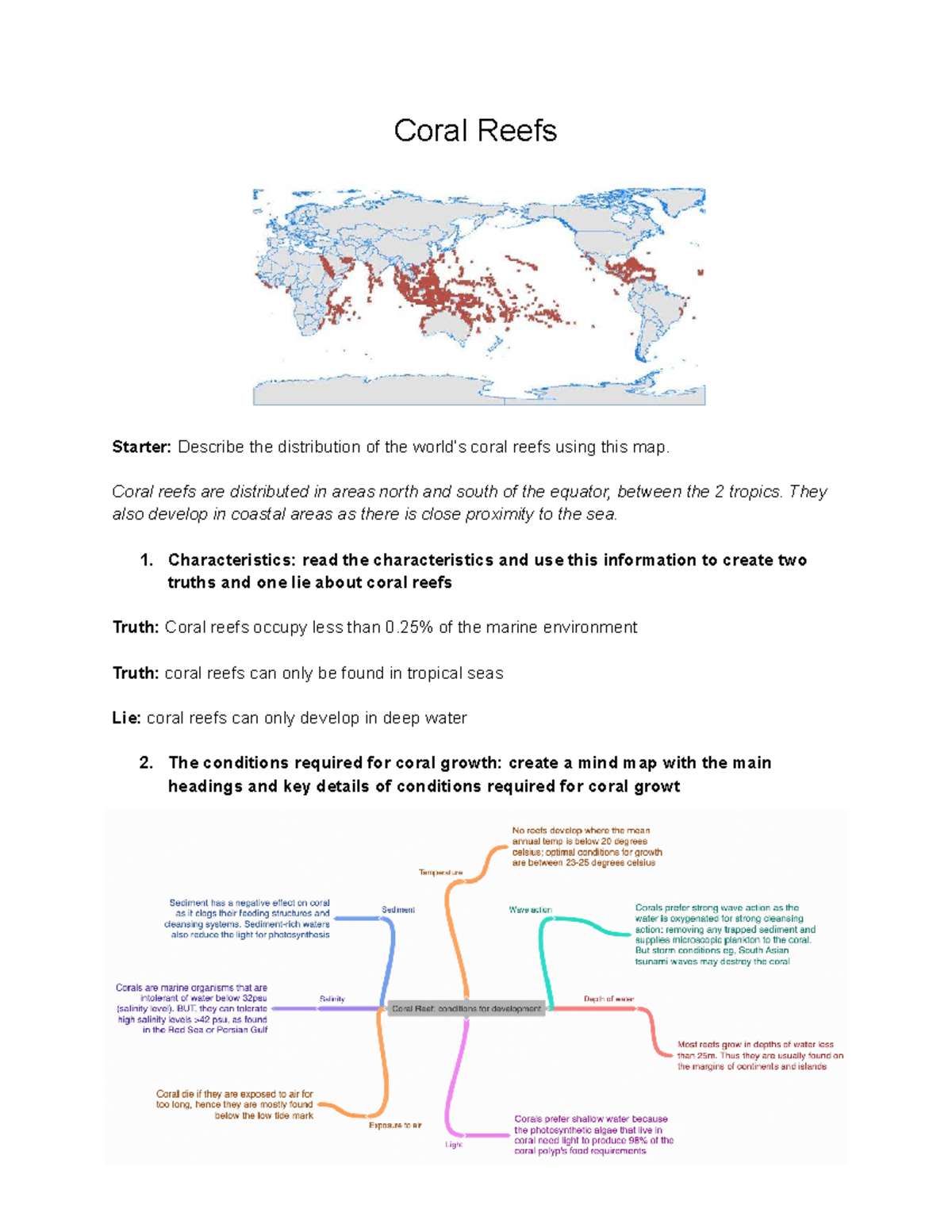 Coral Reefs - Coral Reefs Starter: Describe the distribution of the ...