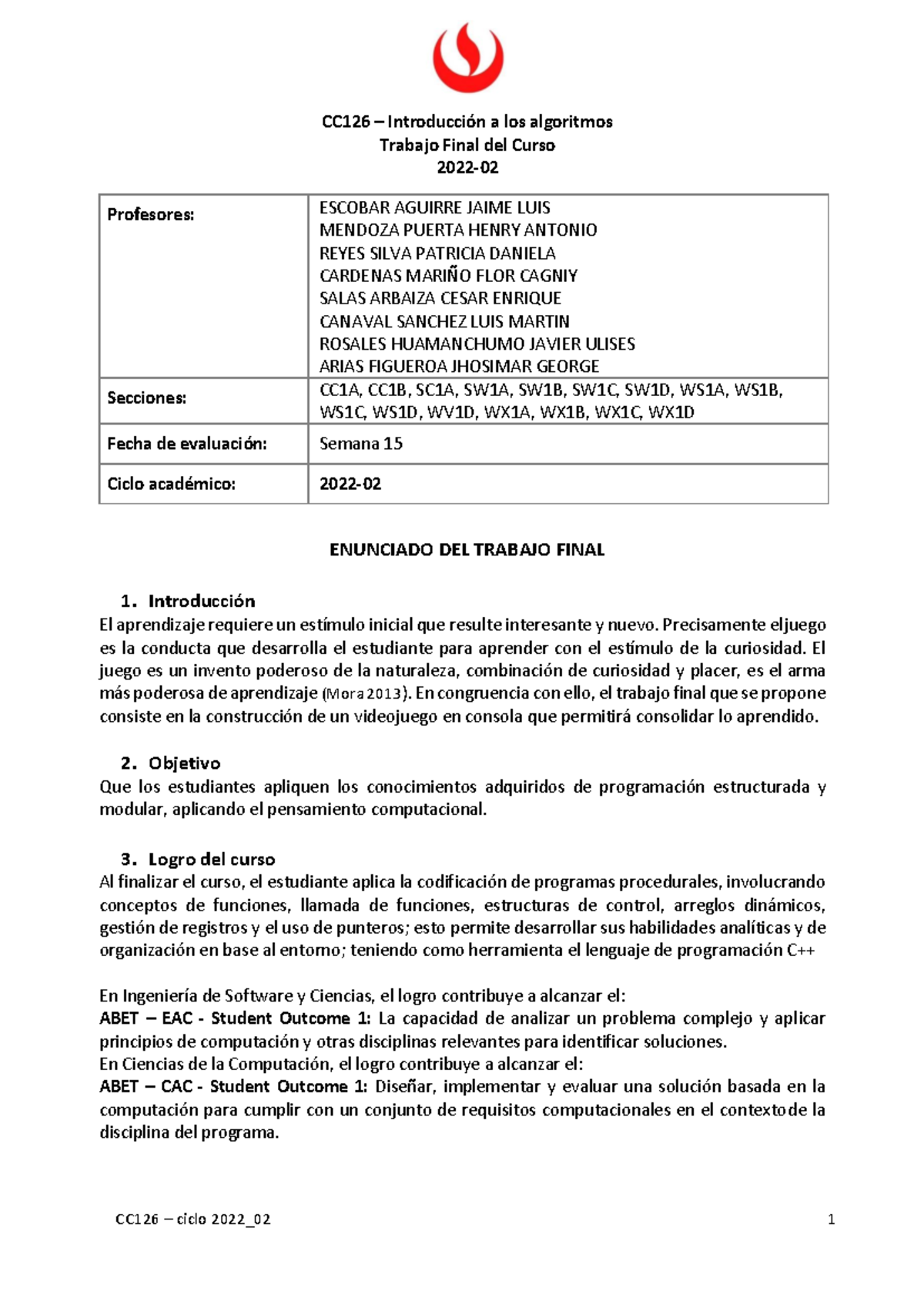 CC1226-Enunciado del Trabajo Final 2022-02 - CC126 – IntroducciÛn a los ...