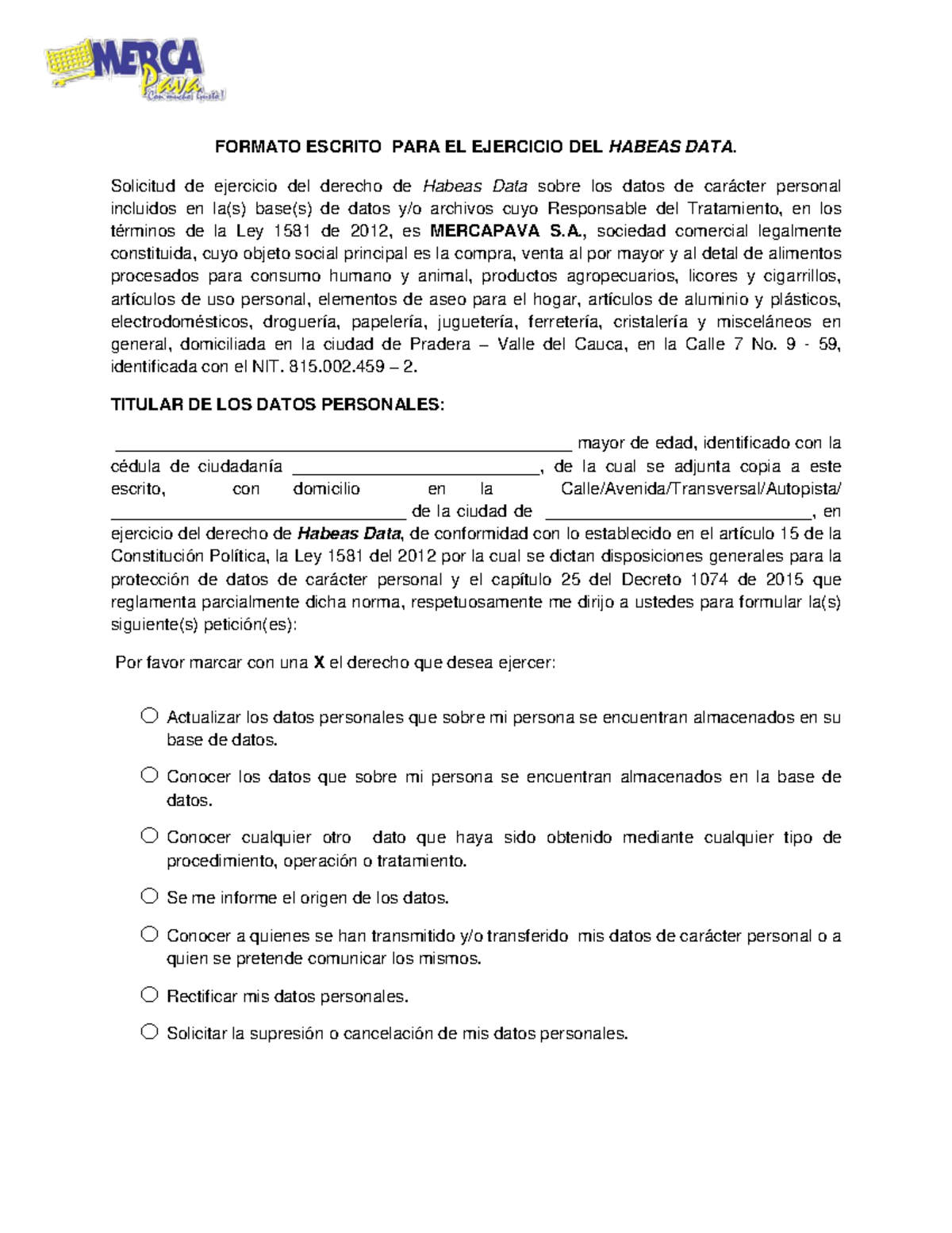 Minuta habeas data - Warning: TT: undefined function: 32 FORMATO ...