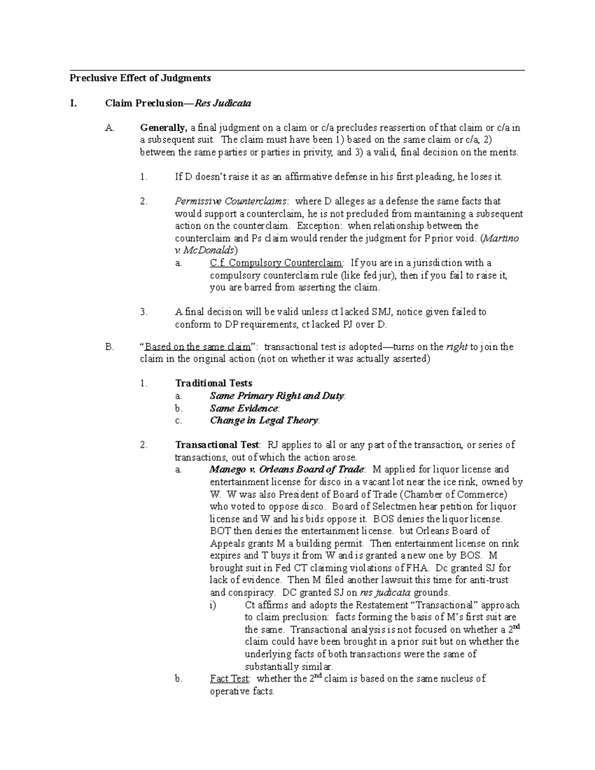 Civil Procedure Law Outline - 2 - Preclusive Effect of Judgments I ...