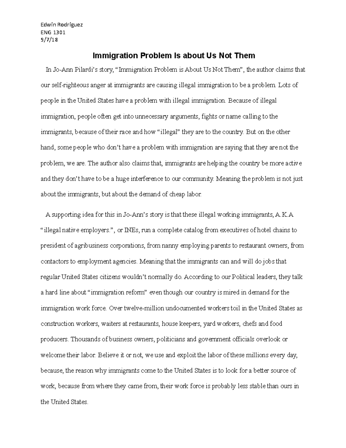 Immigration Problem Is about Us Not Them - Edwin RodriguezENG 1301 9/7 ...
