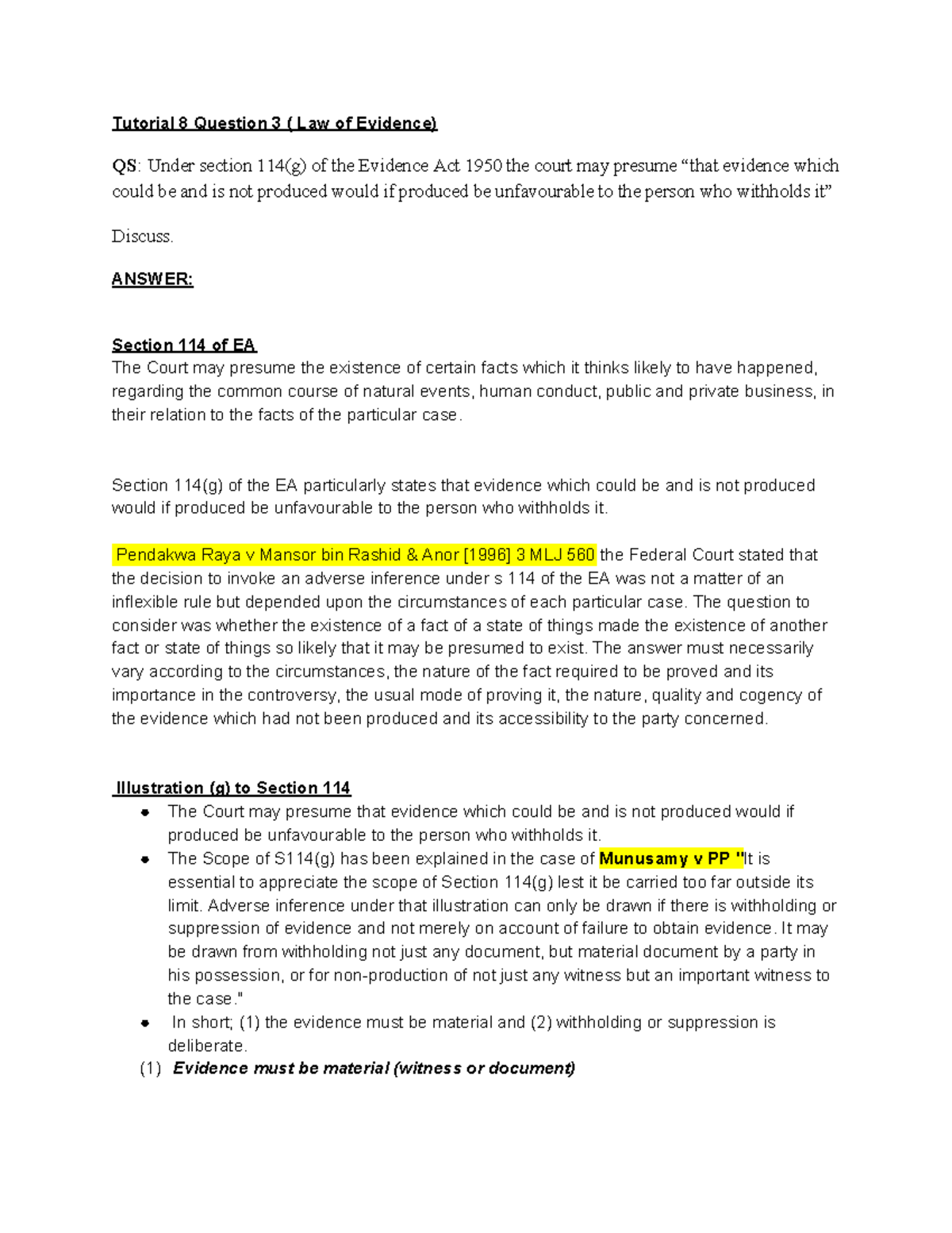Tutorial 8 Question 3 ( Law of Evidence) 1132701960 - Tutorial 8 ...