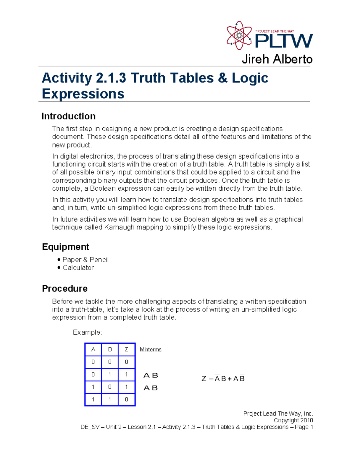 2 - awdawd - Jireh Alberto Activity 2.1 Truth Tables & Logic ...