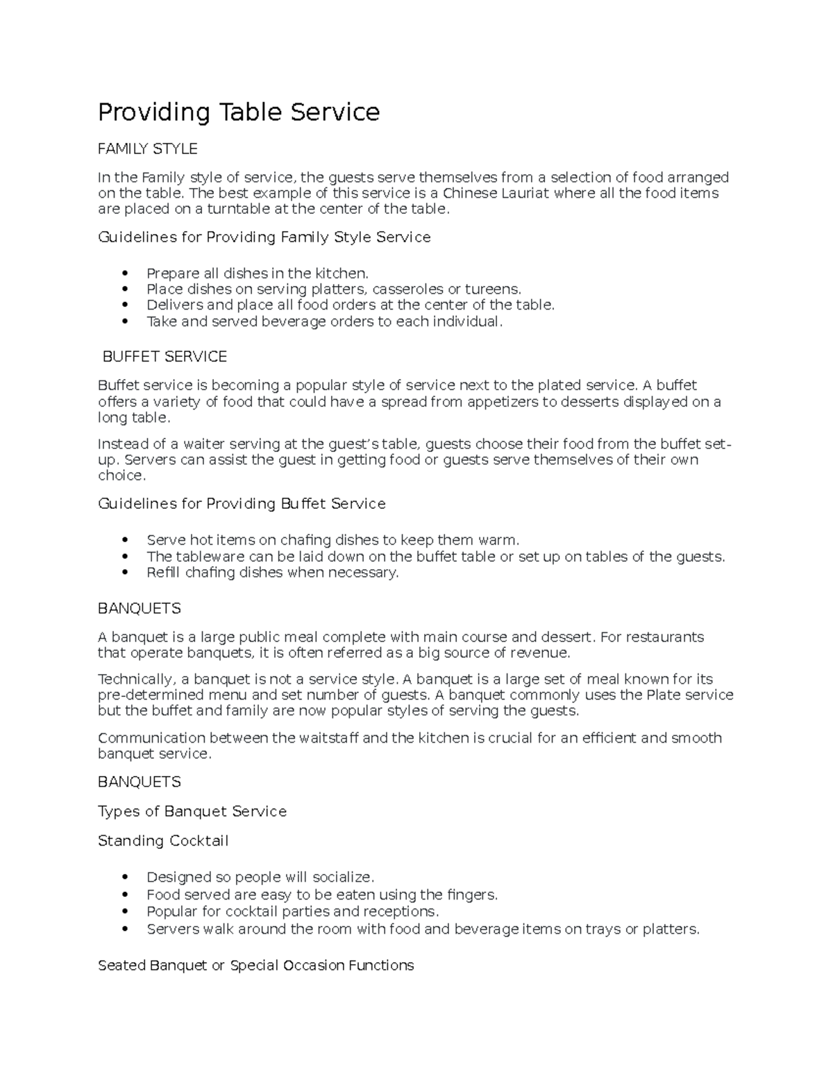 Hospitality Management Exam Part 3 - Providing Table Service FAMILY ...