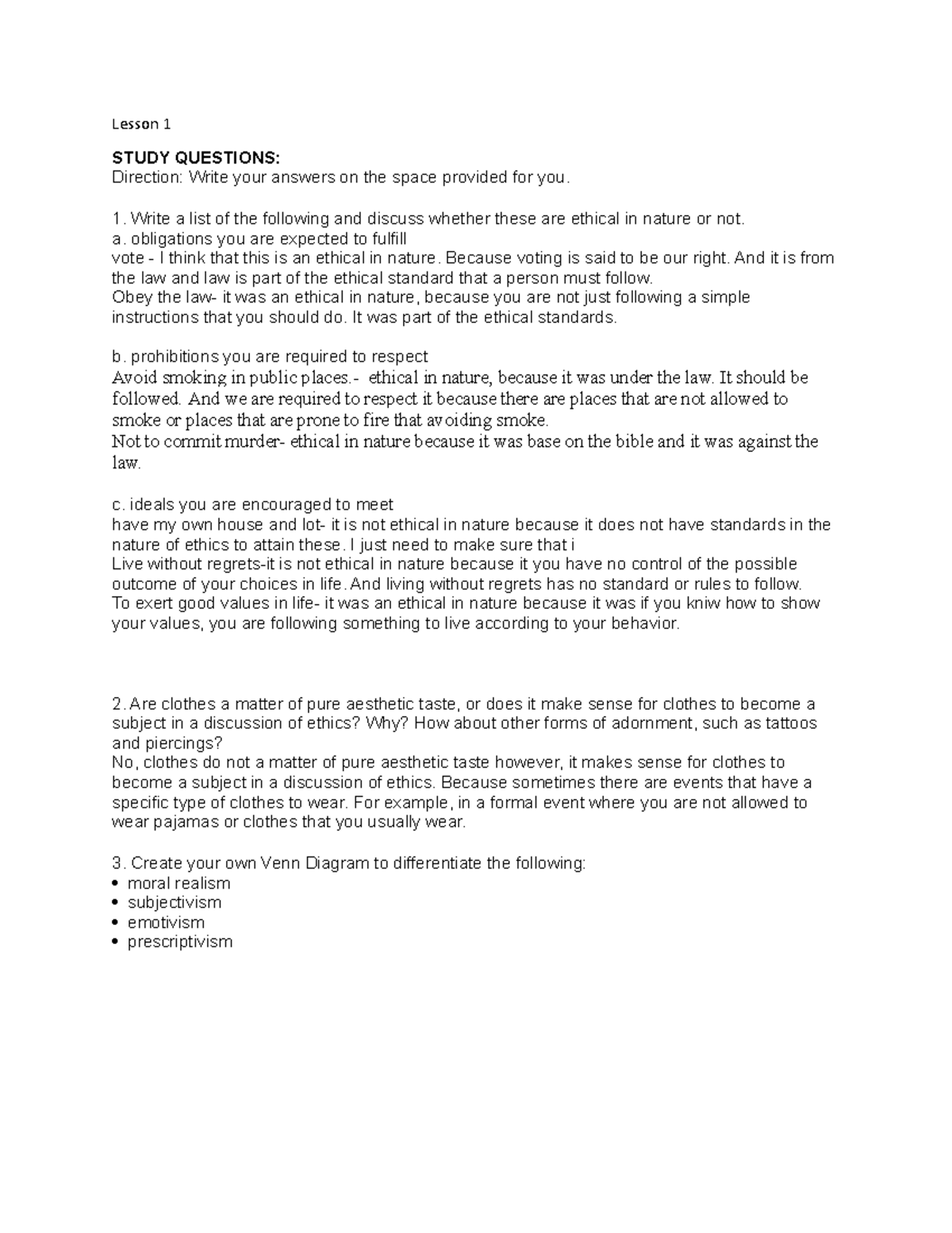 Ethics answers - Lesson 1 STUDY QUESTIONS: Direction: Write your ...