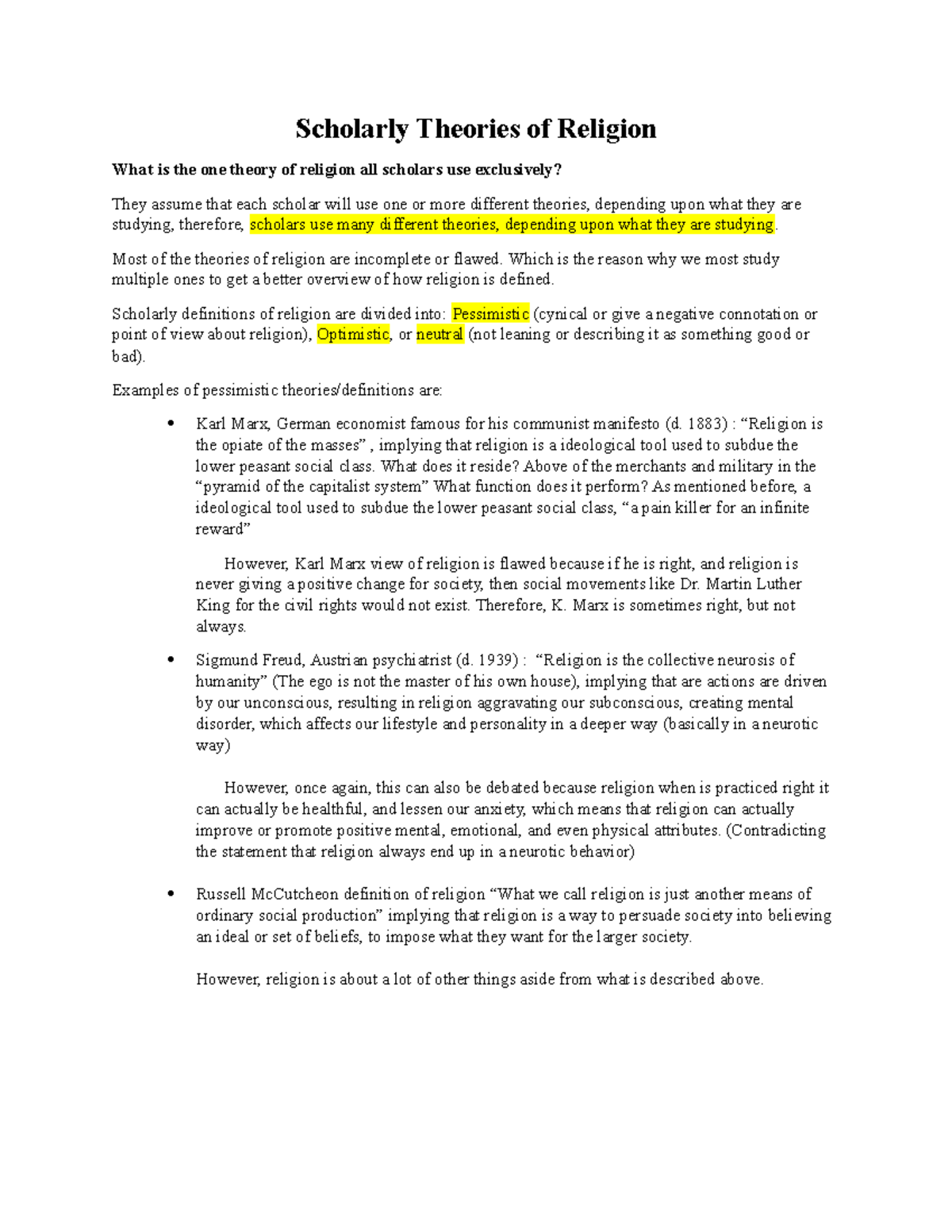 Religion 1000 - Scholarly Theories of Religion What is the one theory ...
