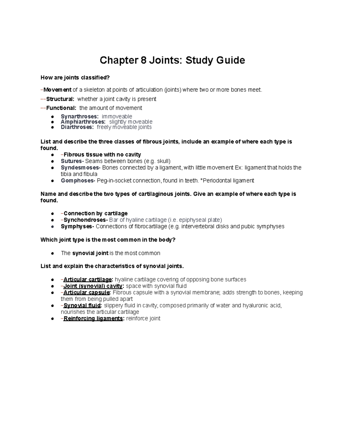 Chapter 8 Joints Study Guide - Chapter 8 Joints: Study Guide How are ...