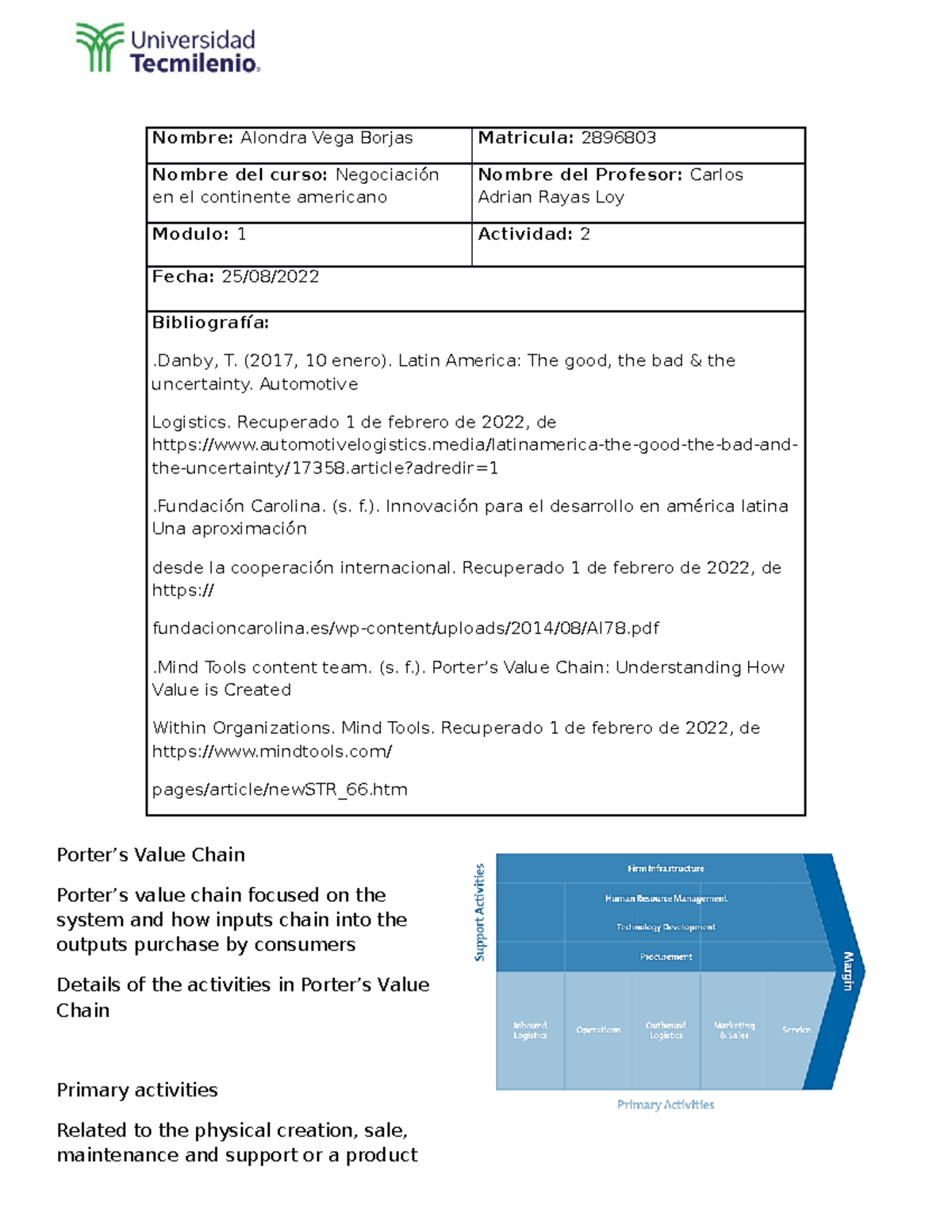 Actividad 2 - Porter’s Value Chain Porter’s value chain focused on the system and how inputs ...