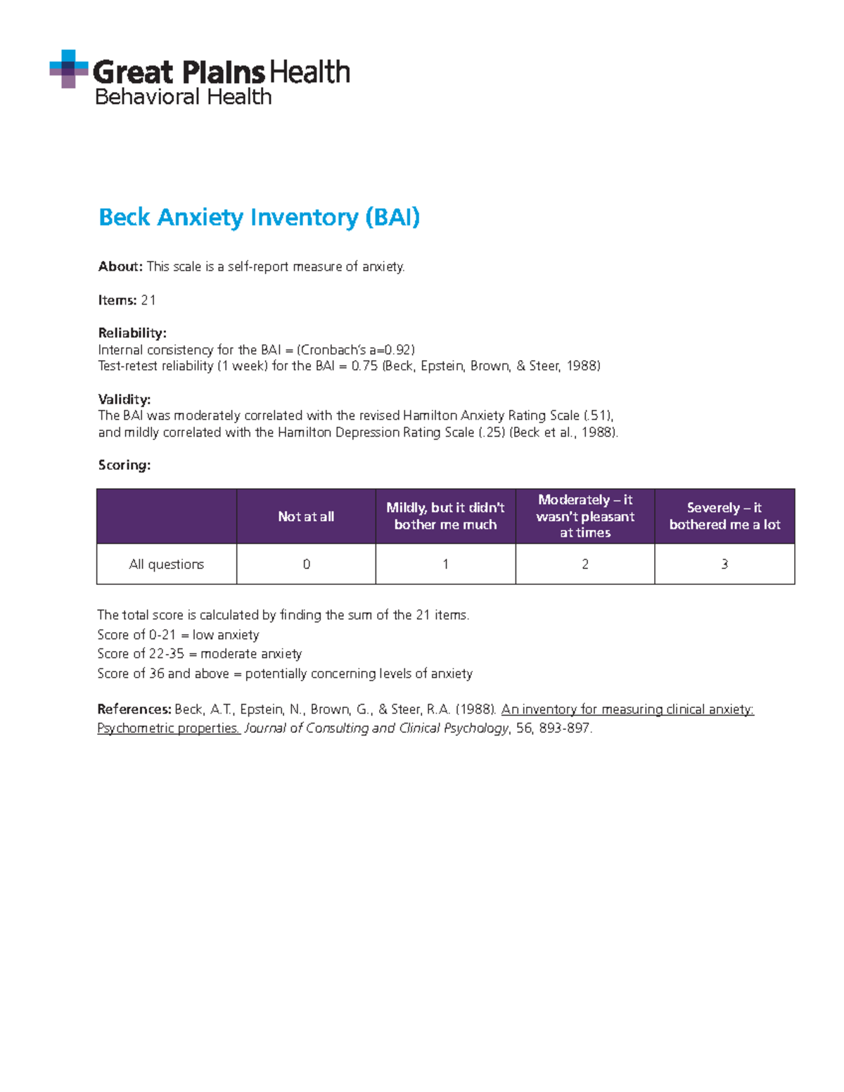 Beck’s Anxiety Inventory - Beck Anxiety Inventory (BAI) About: This ...